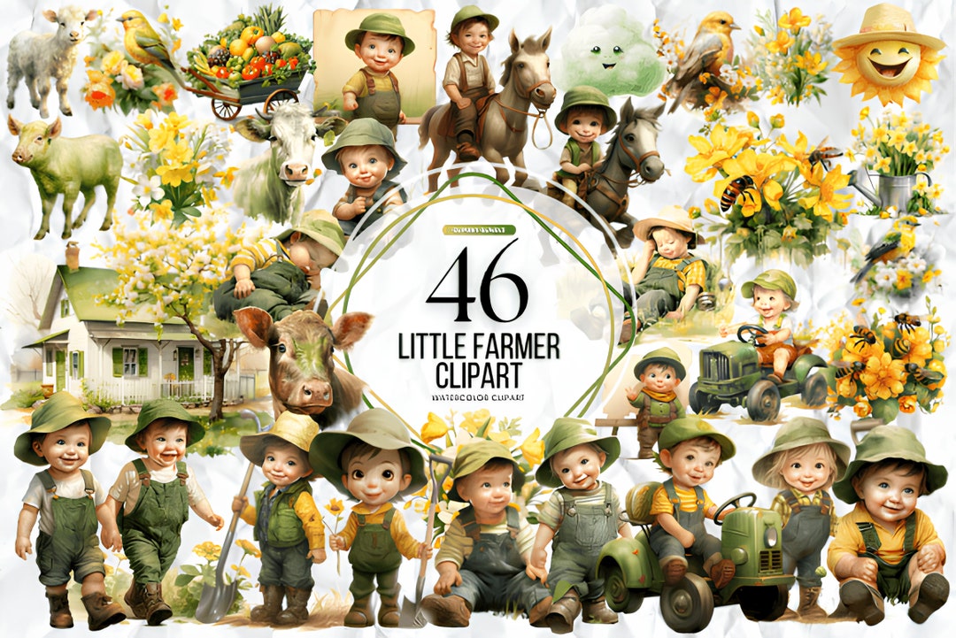 Cute Little Farmer Clipart, Farm Animals Watercolor, Farm Baby Animals ...