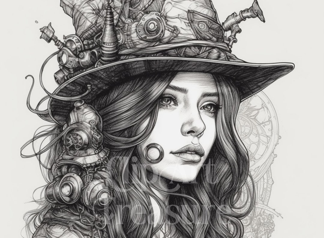 Steampunk Witch Wall Art Digital Print, Hand Drawn Art, Mystical Magic ...