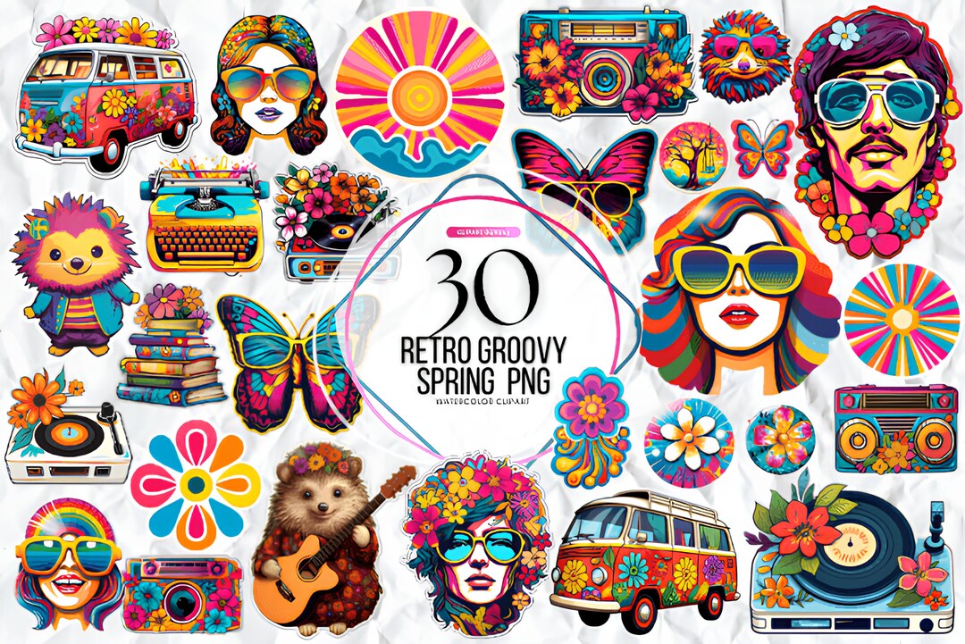 Retro Groovy Spring Clipart Bundle, Groovy Png Design, Retro, Hippie ...