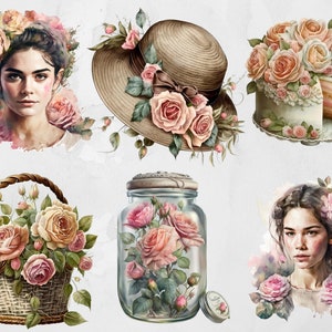 Watercolour Vintage Pink Rose Clipart - Vintage Lady PNG Digital Image ...