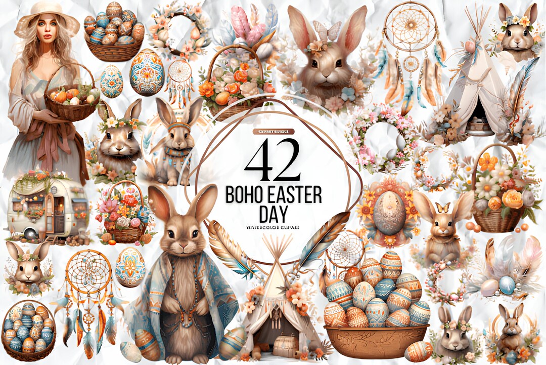 Easter Clipart, Boho Easter Clipart, Easter Bunny Clipart, Easter PNG ...