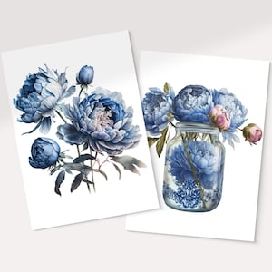 Delf-blue Peonies, Watercolour Peony Clipart, Peony Illustration ...