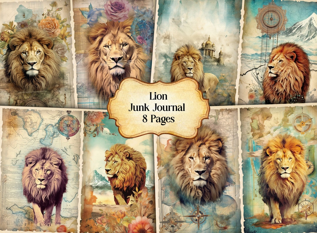 Watercolor Lion Junk Journal Printable Page, Lion Junk Journal Kit ...