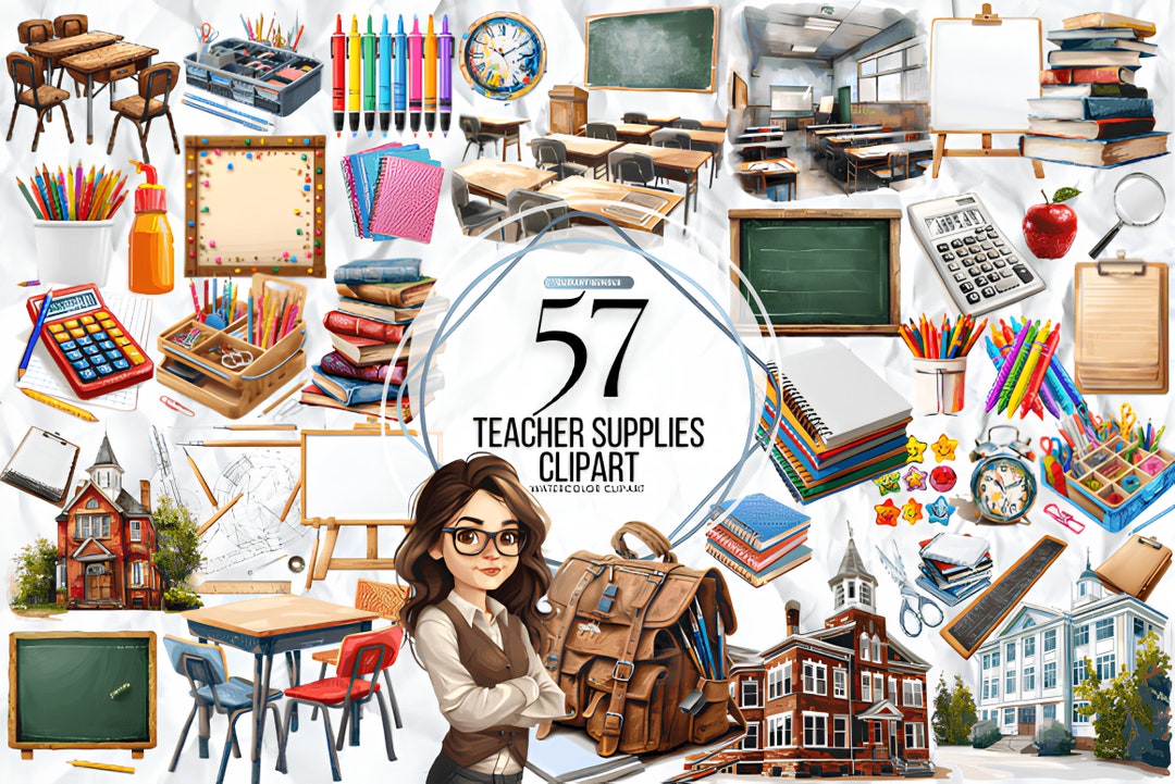 Watercolor Teacher Supplies Clipart, Cute School Clip Art Set ...