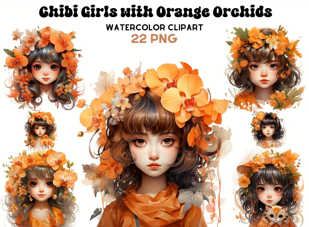 Chibi Girls Orange Orchid Flowers, Watercolor Girls, Cute Illustrations ...