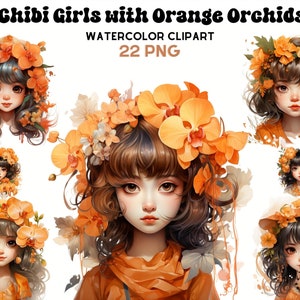Chibi Girls Orange Orchid Flowers, Watercolor Girls, Cute Illustrations ...
