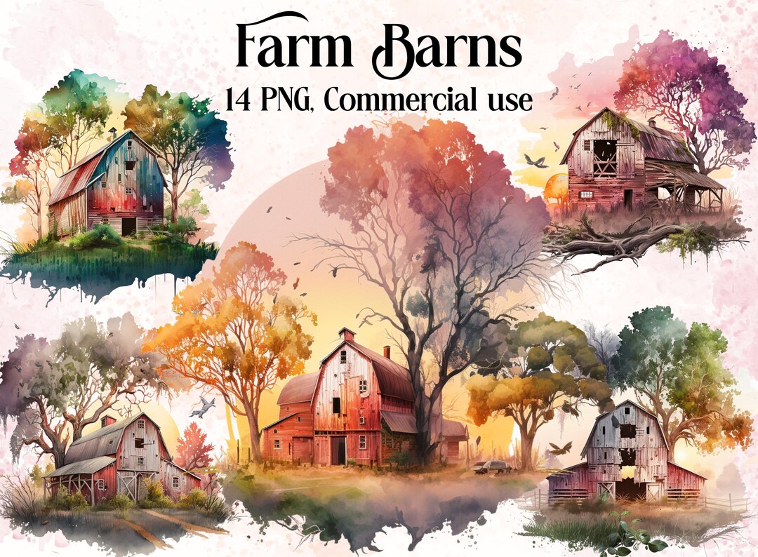 Farm Barn Watercolor Clipart, Farmhouse Clipart, Barn Bundle PNG, House ...