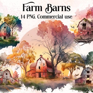 Farm Barn Watercolor Clipart, Farmhouse Clipart, Barn Bundle PNG, House ...