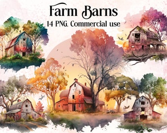 Farm Barn Watercolor Clipart, Farmhouse Clipart, Barn Bundle PNG, House ...