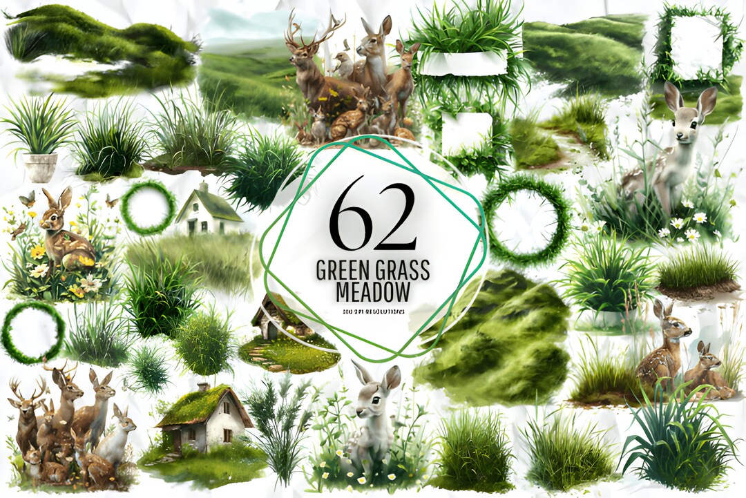 Green Grass Meadow Clipart - Botanical Grass Borders, Tufts of Grass ...