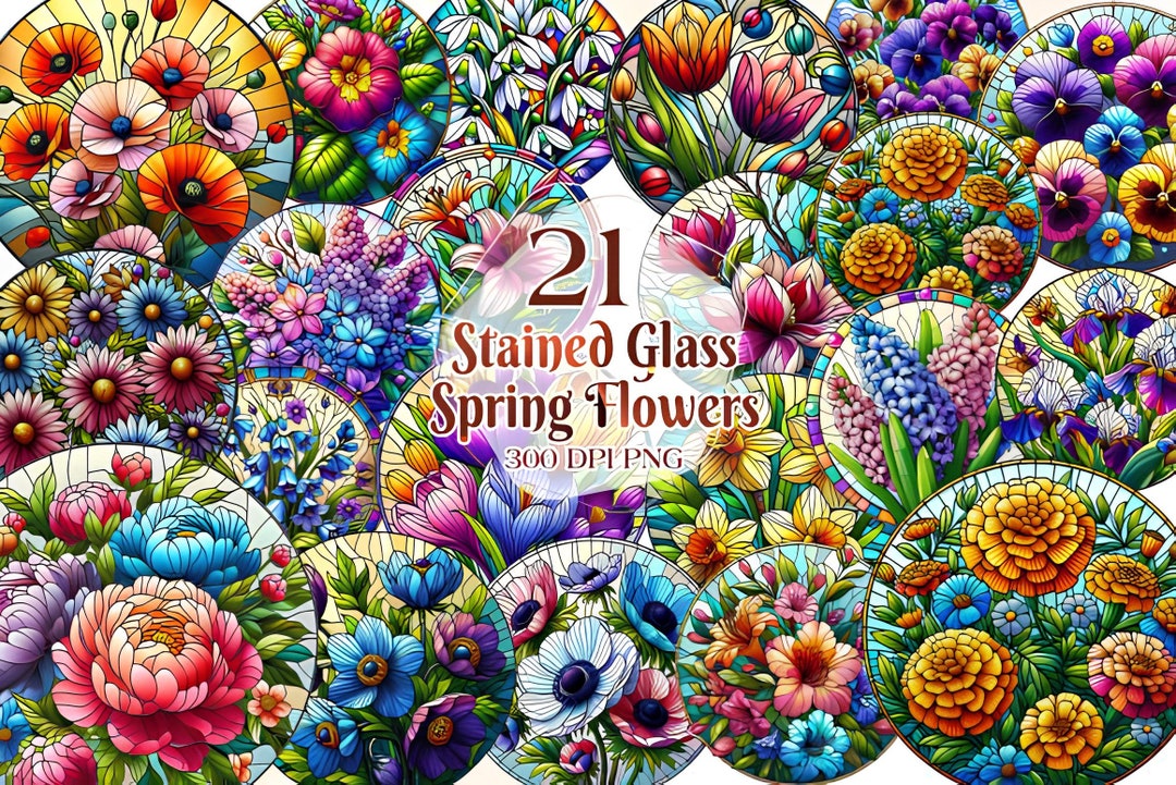Flower Stained Spring Flowers Glass PNG, Flower Stained Glass ...