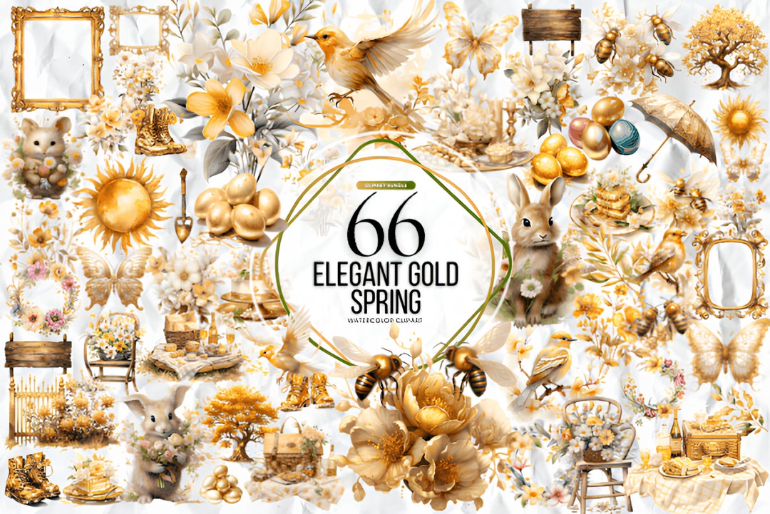 Watercolor Elegant Gold Spring Clipart Bundle, Spring Clipart, Spring ...