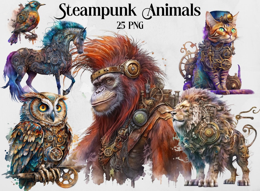 32 Watercolor Steampunk Animals Clipart, Steampunk Animal Ephemera ...
