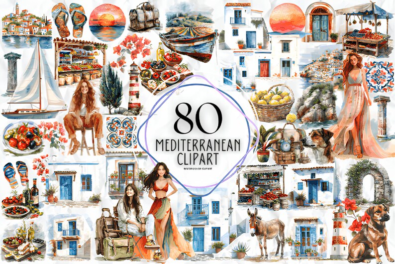 80 Mediterranean Cliparts, Watercolor Mediterranean Illustration PNG ...
