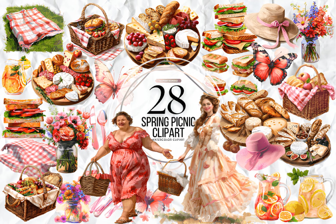 Watercolor Picnic Clipart, 28 Png Summer Picnic Basket, Spring Picnic ...