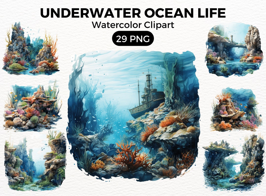 Watercolor Underwater Life Clipart, Nautical Clip Art, Sea Life, Fish ...