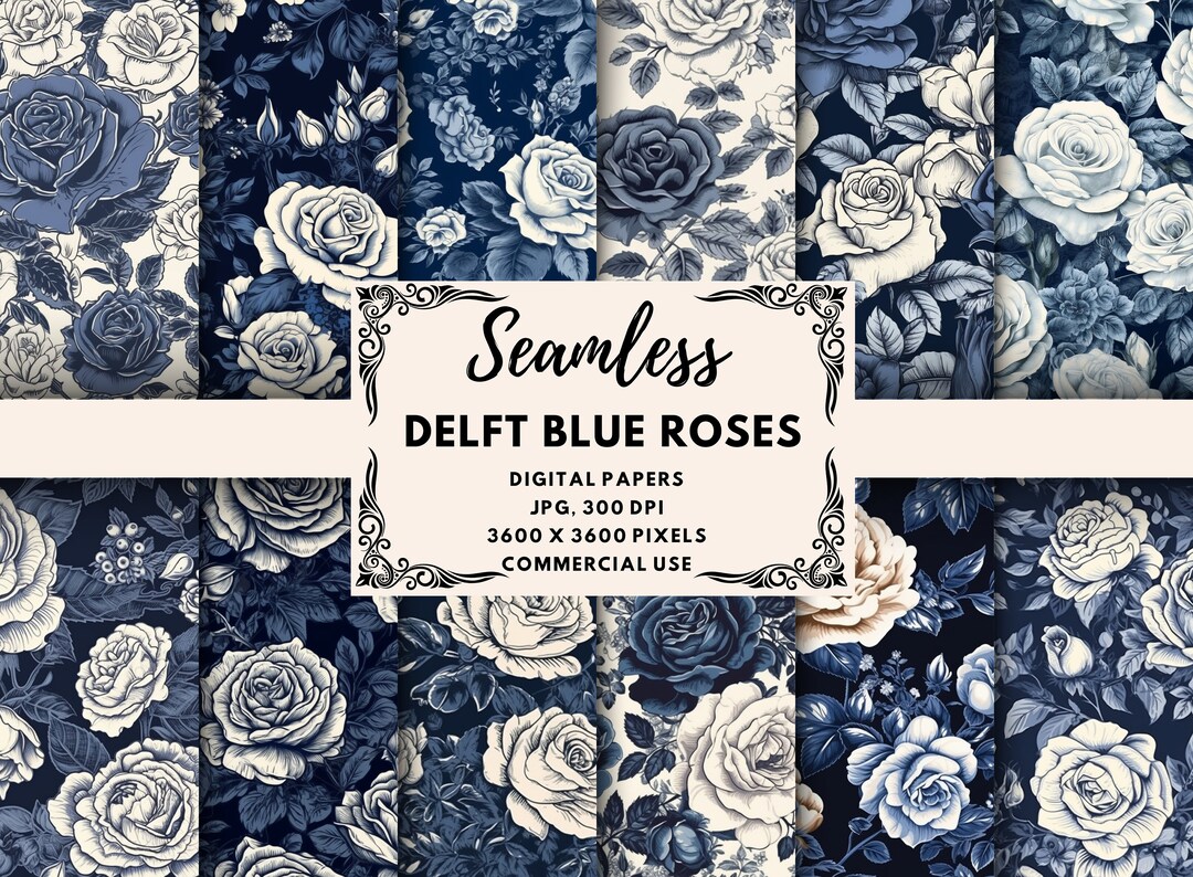 Delft Blue Roses Digital Paper, Flowers Seamless Pattern, Floral Prints ...