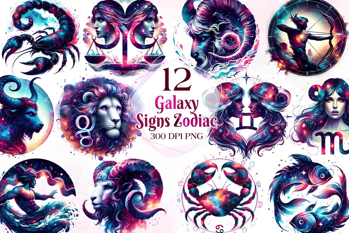 Galaxy Zodiac Signs Clipart Bundle Zodiac PNG Images for Commercial Use ...