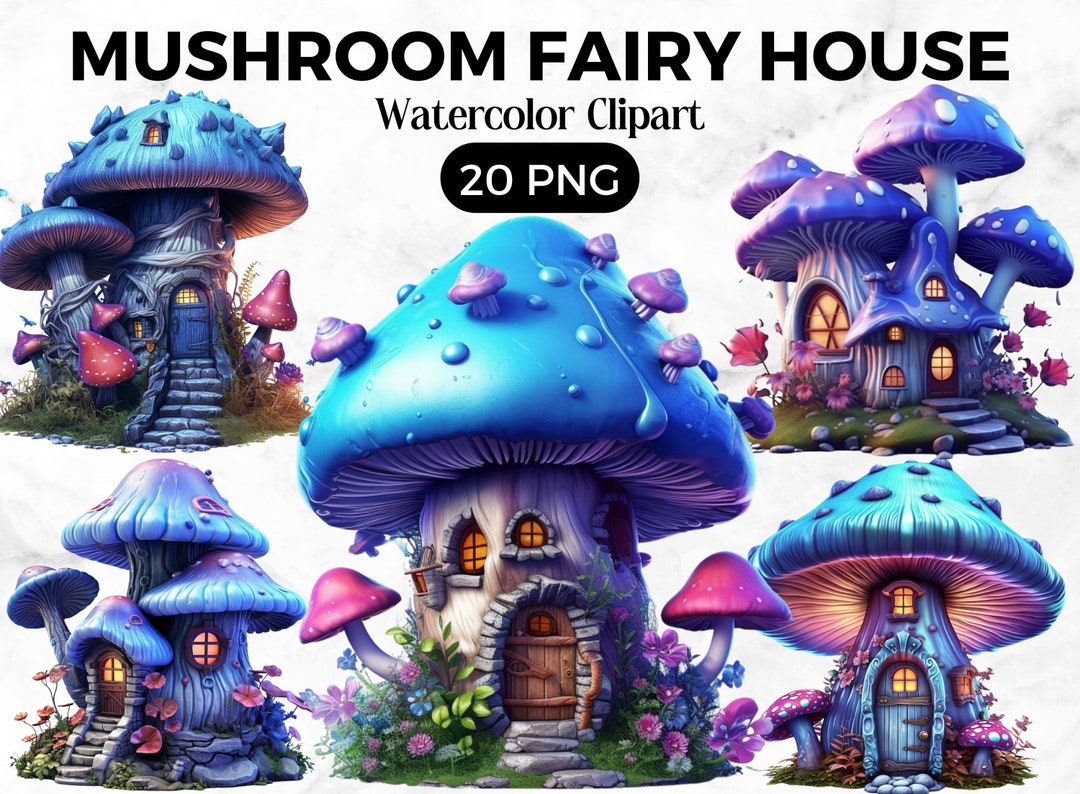 Purple Mushroom Fairy House Watercolor Fantasy Clipart,kids Art Clipart ...