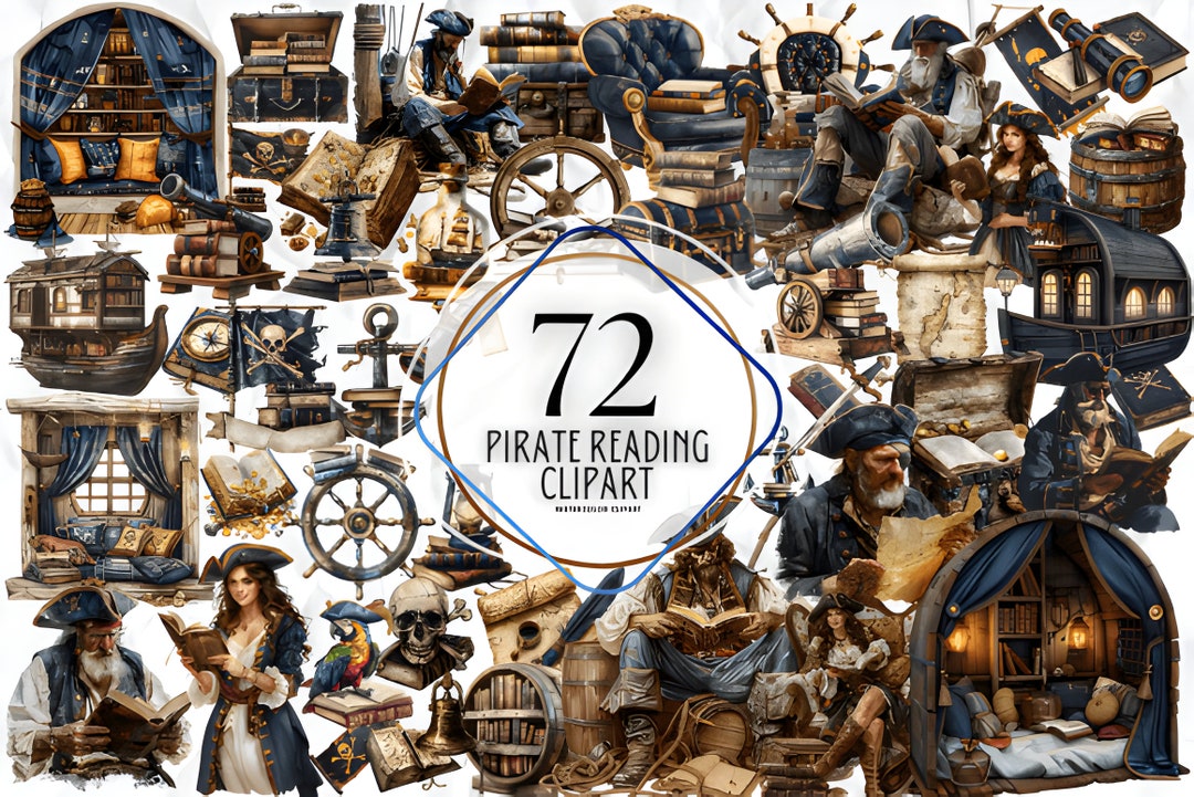 Pirate Reading Watercolor Clipart Bundle-watercolor Age of Sea PNG ...