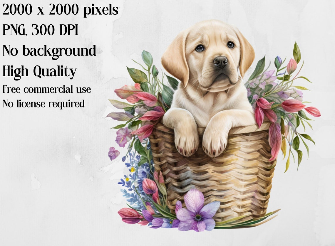 Watercolor Puppies in Basket Clipart, Animal PNG, Cute Floral Dog ...