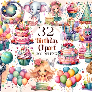 32 Birthday Clipart Bundle | Watercolor, Birthday, Balloons, Gift Box ...