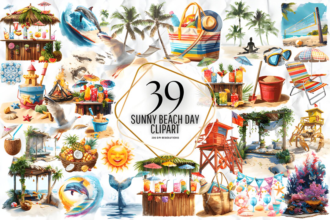 Sunny Beach Day Clipart - Cute Summer Beach Clipart Bundle ...