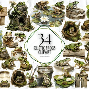 Watercolor Rustic Green Frogs Clipart - Cute Frog Floral Clip Art in PNG Format Instant Download ...