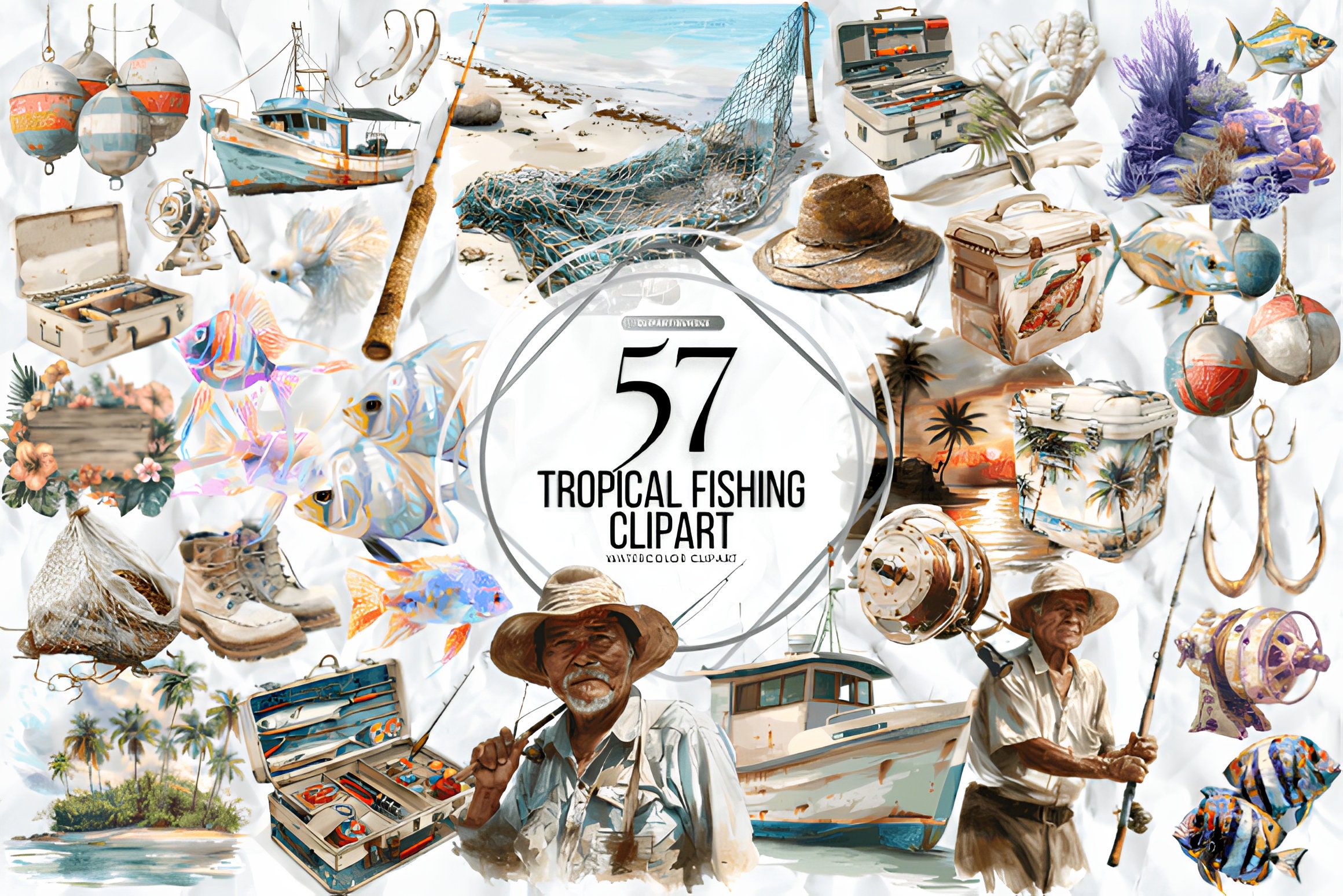 Tropical Fishing Clipart | Camping Clip Art | Watercolor Fishing ...