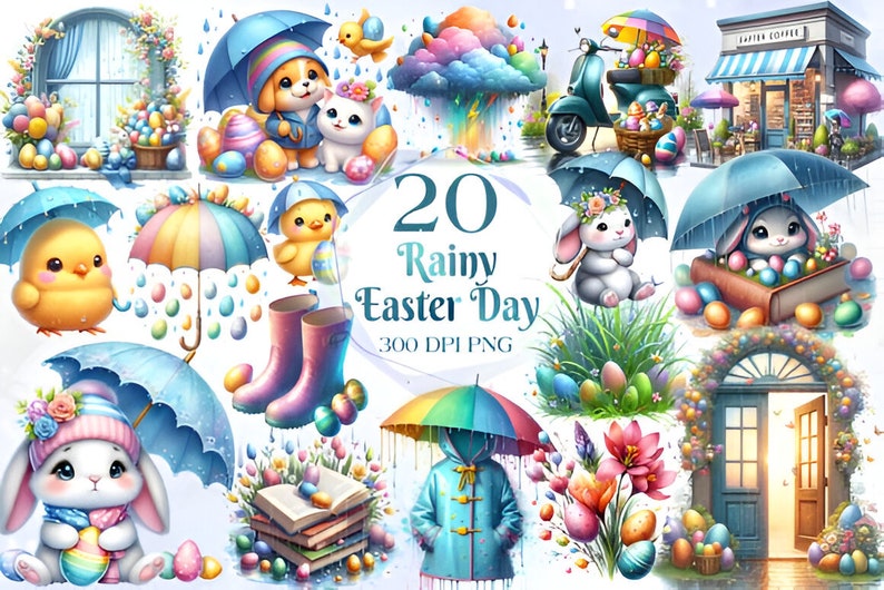 Rainy Easter Day Cute Clipart Rainy Day PNG L Spring Clip Art L Duck ...