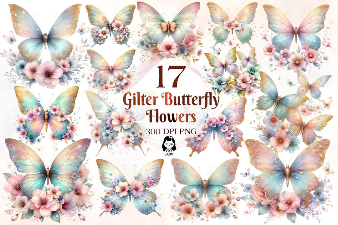 Glitter Pastel Butterflies Watercolor Clipart Bundle PNG Butterfly ...