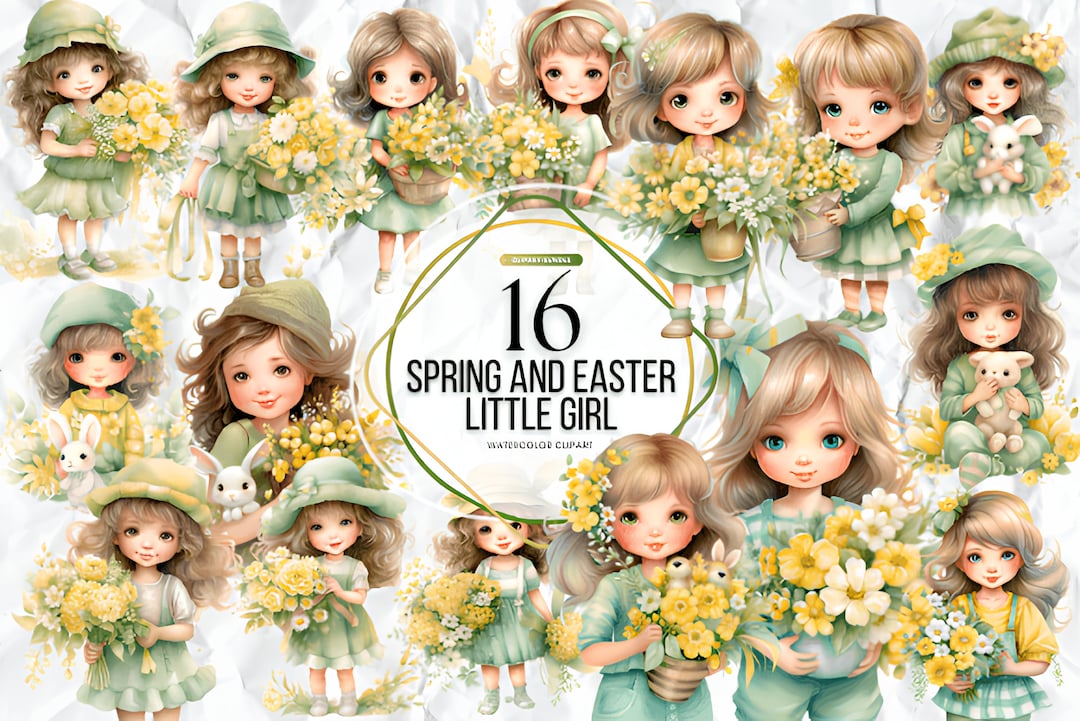 Spring and Easter Little Girl Watercolor Clipart, Girls, Bestie, Bird ...