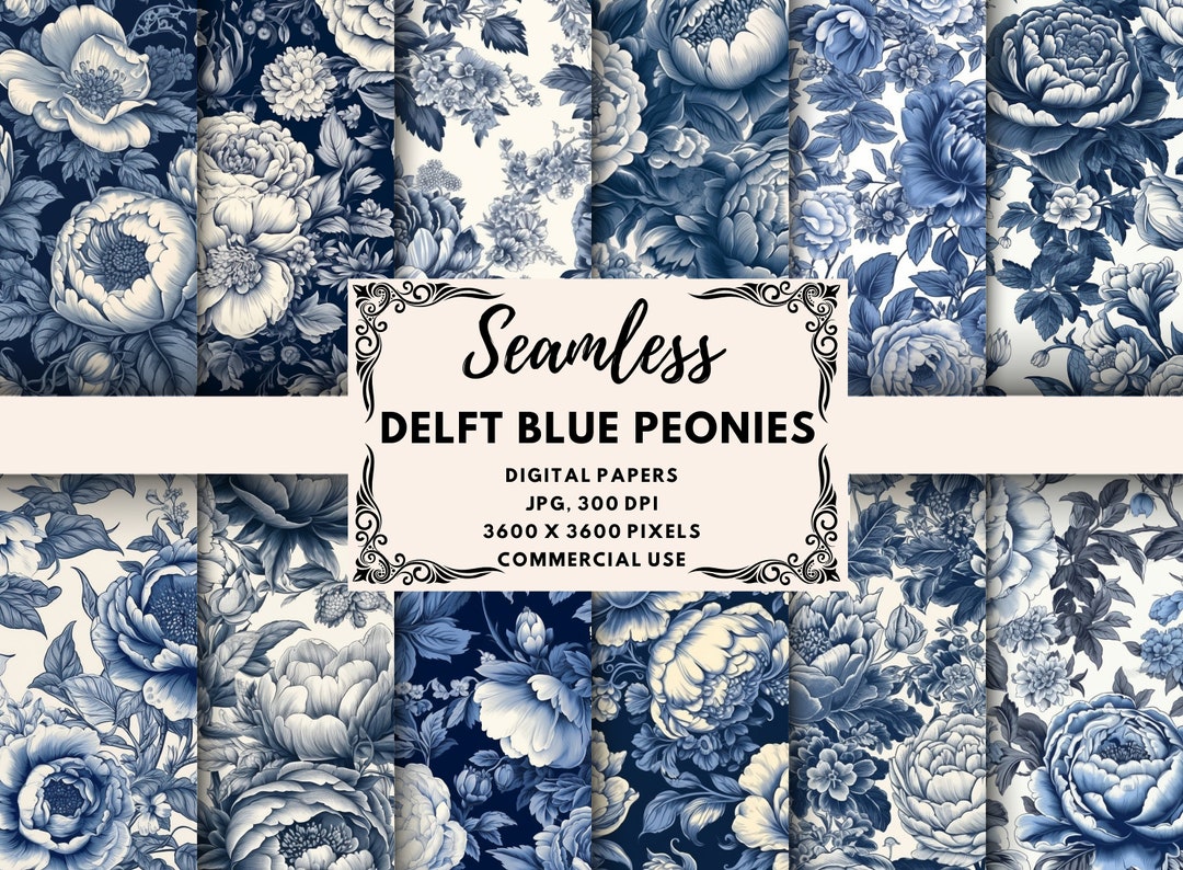 Delft Blue Peonies Seamless Digital Paper, Flowers Seamless Pattern ...