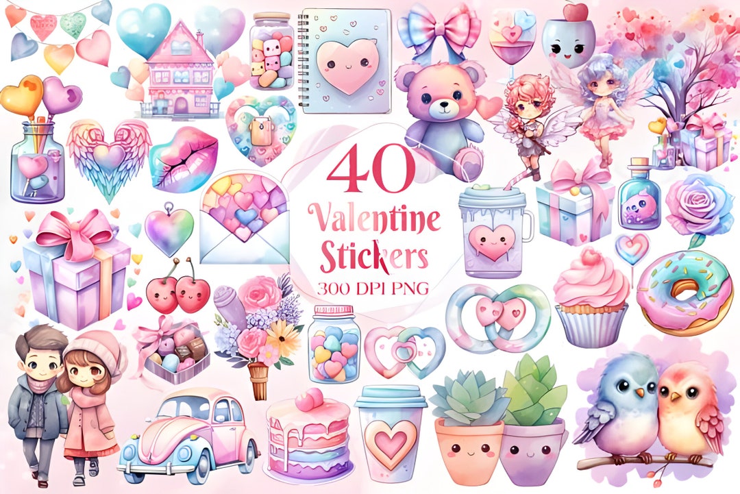 Cute Valentines Pastel Stickers Clipart Bundle, Valentines Kawaii ...