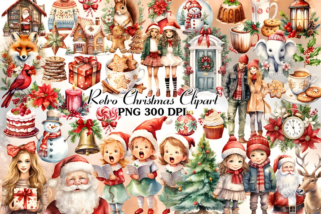 Retro Christmas Clipart Bundle | Painted Watercolor Christmas Clipart ...