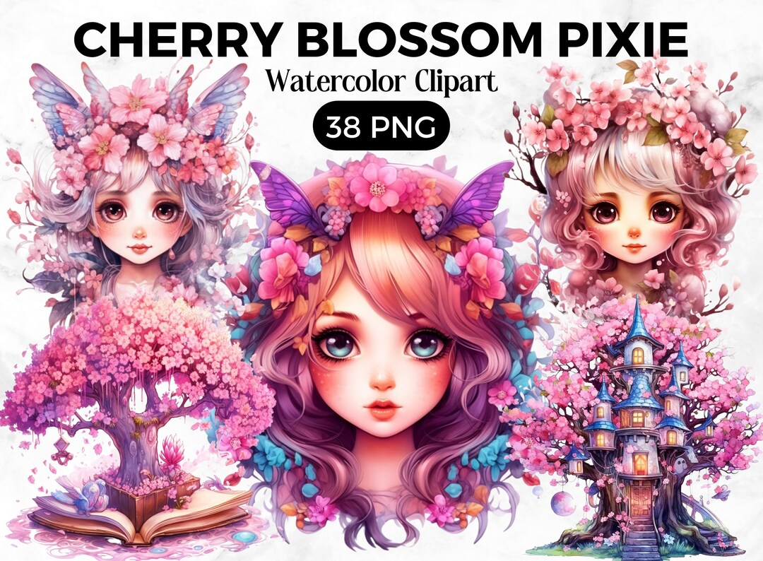 Watercolour Cherry Blossom Pixie Clipart, Princess Fantasy PNG Digital Image Downloads for Card ...