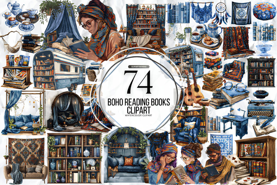 Watercolor Reading Clipart Bundle, Cozy Bookworm Clip Art, Boho Reading ...