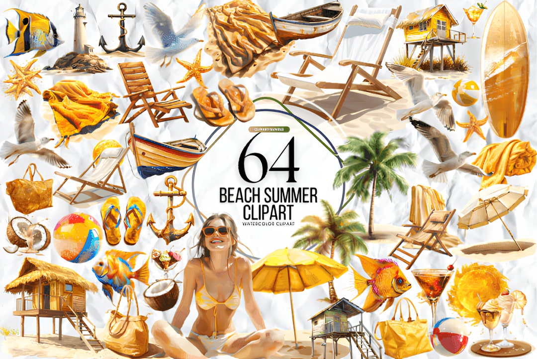 Summer Beach Yellow Set Sunset Watercolor Clipart - 64 PNG, Sunny Ocean ...