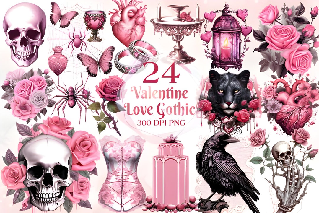 Watercolor Gothic Valentine Clipart Bundle, Valentines Day Clip Art PNG ...