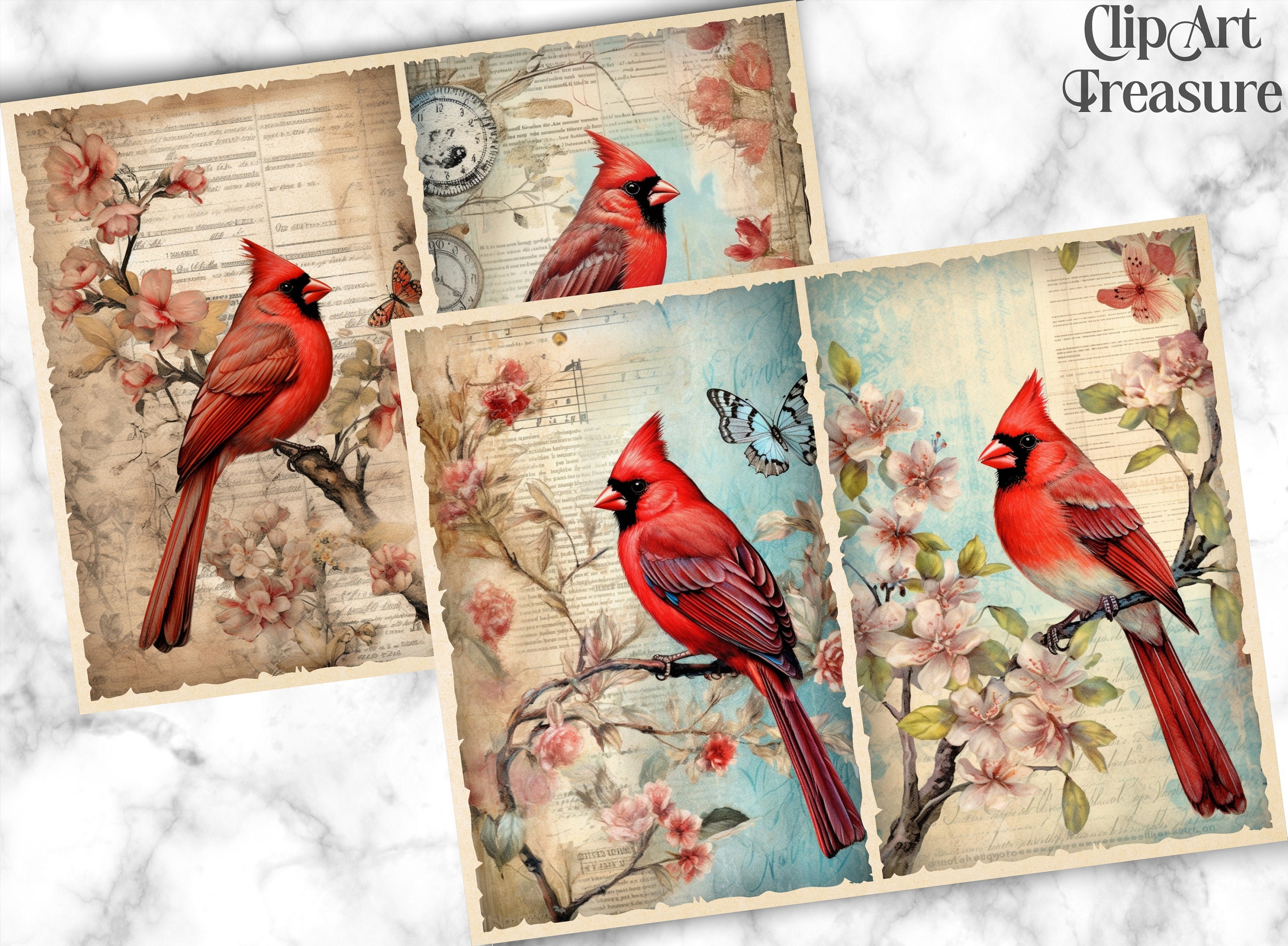 Watercolor Red Cardinal Junk Journal Printable Page, Red Cardinal Junk ...