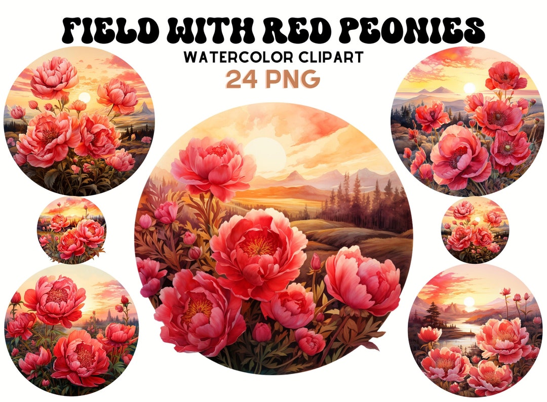 Watercolor Red Peonies Flowers Fields Clipart, Commercial Use Clipart ...