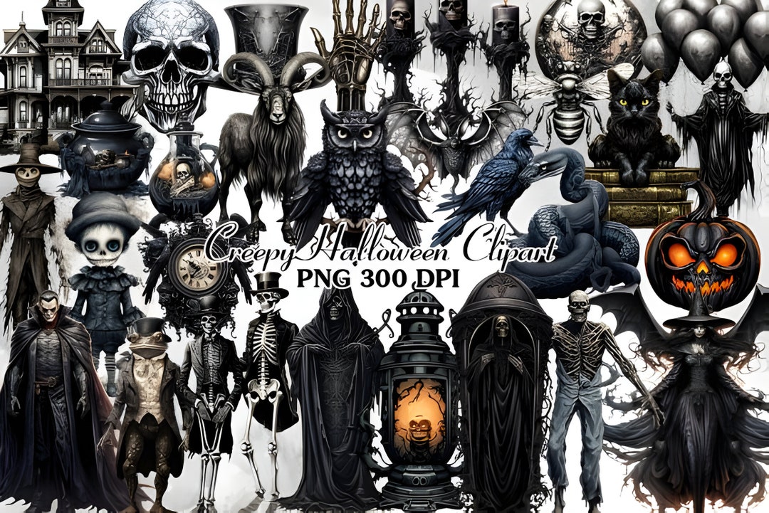 Watercolor Vintage Creepy Halloween Clipart | Retro Vintage Halloween ...