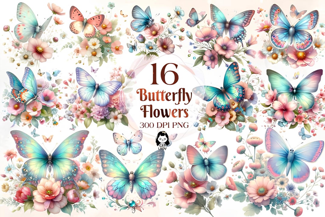 Floral Butterflies Flowers Watercolor Clipart Bundle PNG Butterfly ...