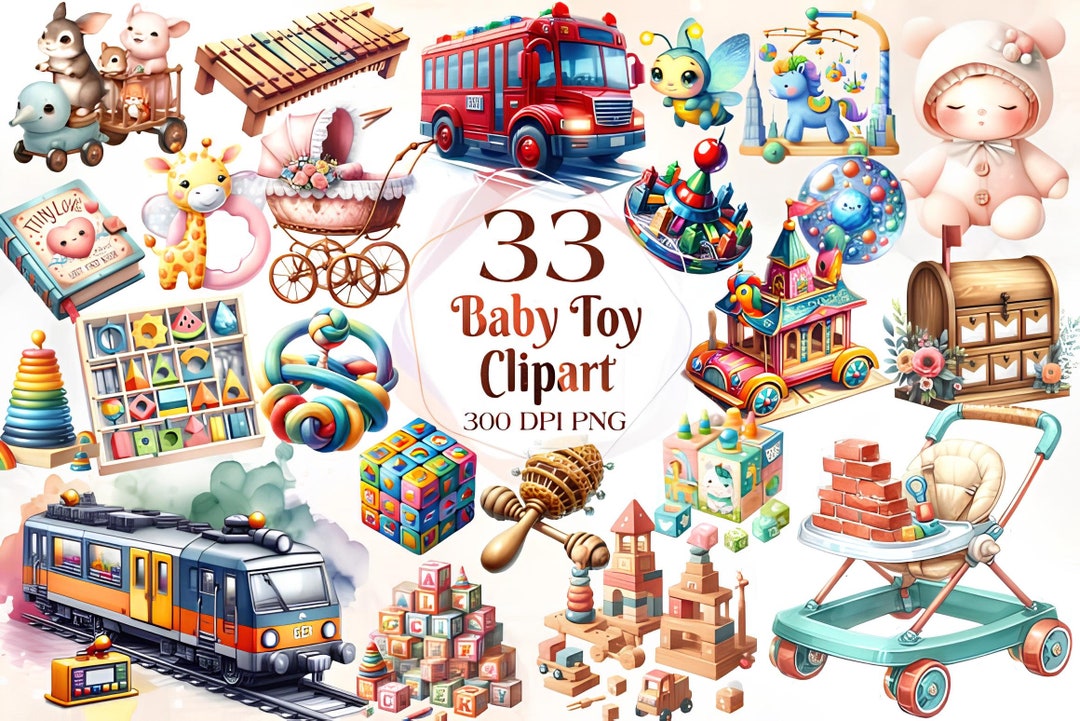 Watercolor Baby Toys Clipart | Wooden Blocks, Plush Bunny, Nursery ...