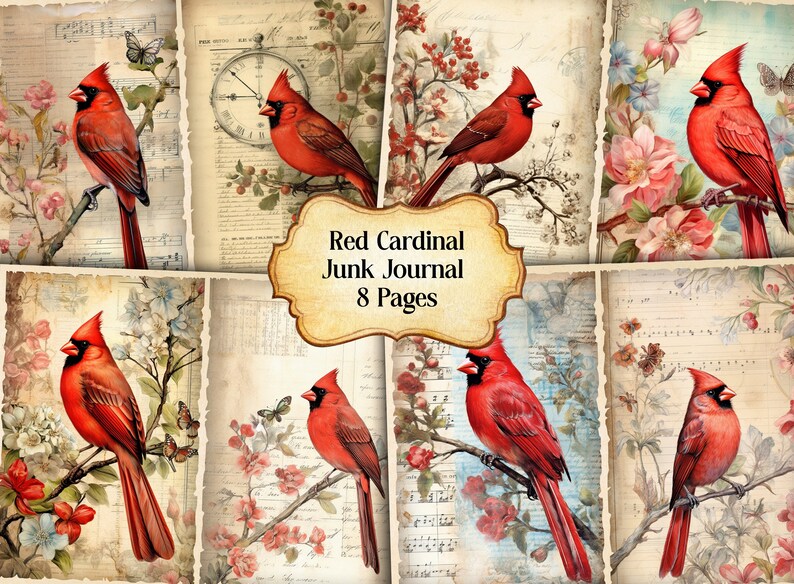 Watercolor Red Cardinal Junk Journal Printable Page, Red Cardinal Junk ...