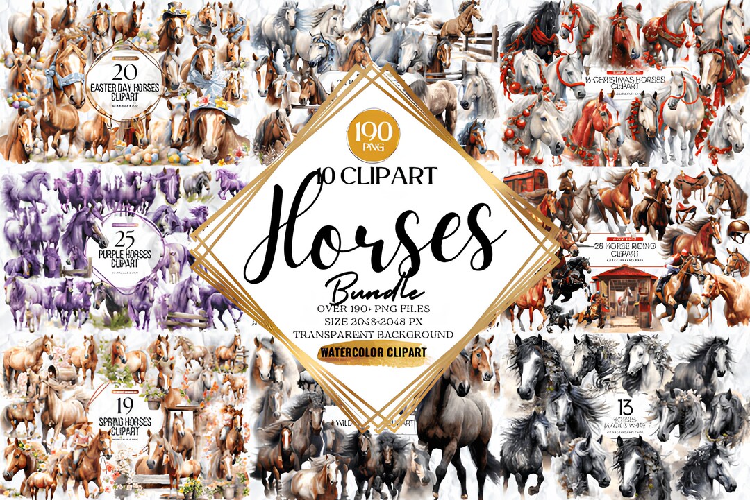 Megabundle 190 Watercolor Horses Clipart | Horse and Pony Breeds ...