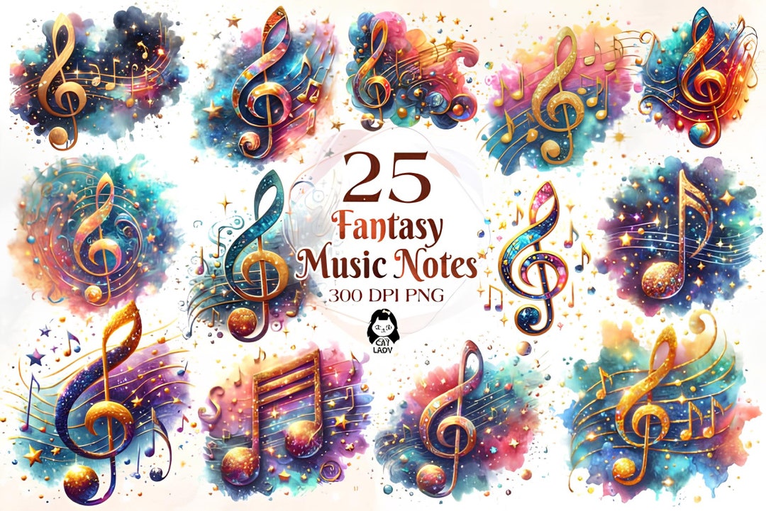 Music Fantasy Notes Clipart, 25 High Quality Pngs, Digital Download ...