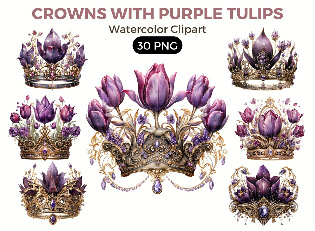 Royal Crowns With Purple Tulips Flowers Clipart, Watercolor Floral ...