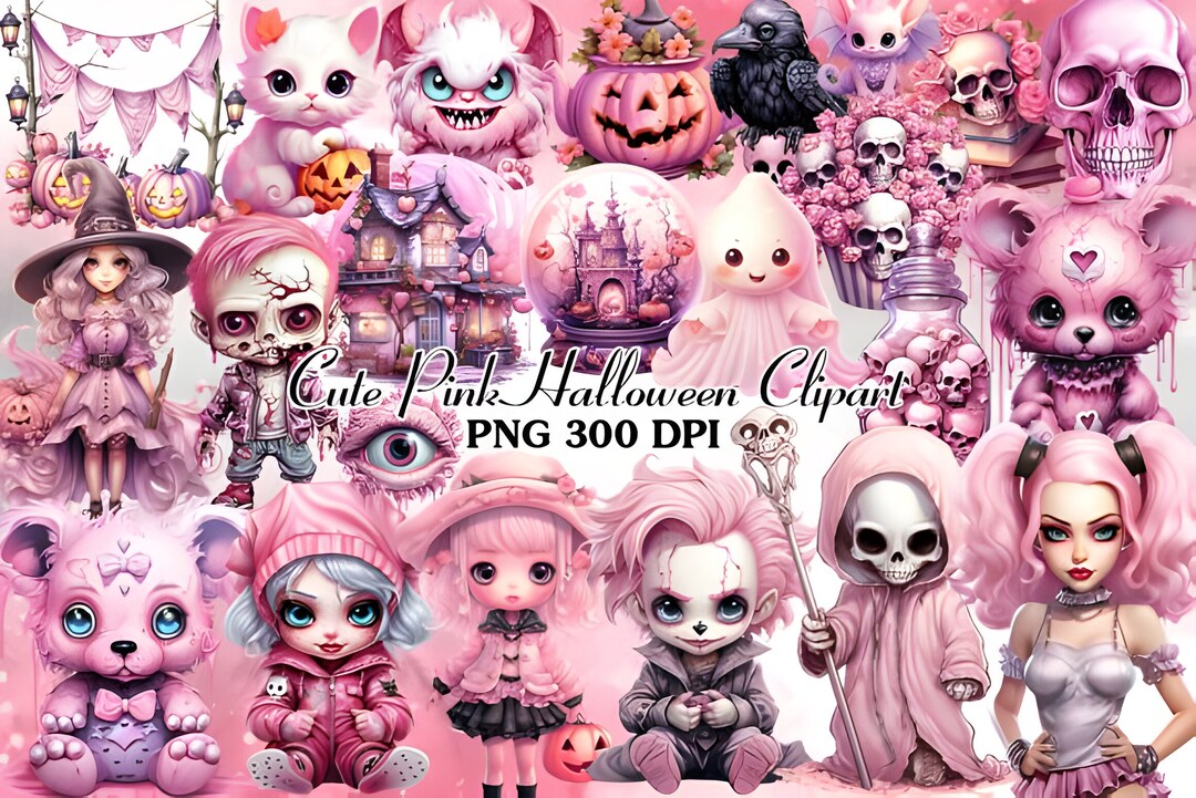 Cute Pink Halloween Watercolor Clipart Bundle | PNG Trick or Treat ...