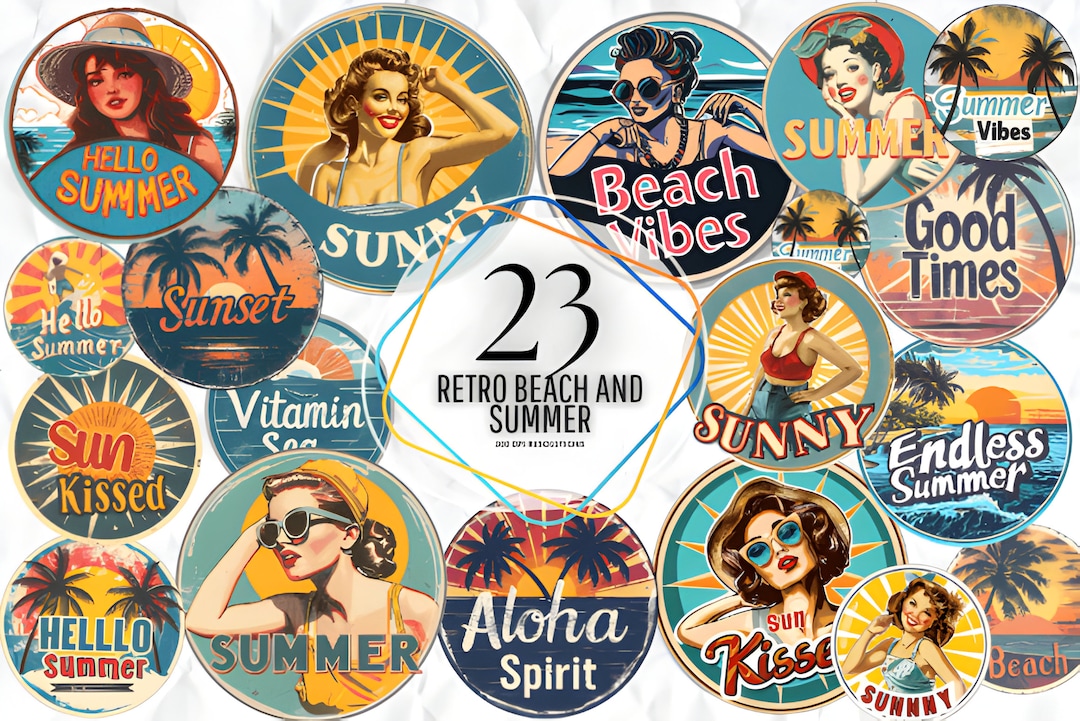Retro Summer & Beach Clipart Sublimation - Beach Clipart, Watercolor ...